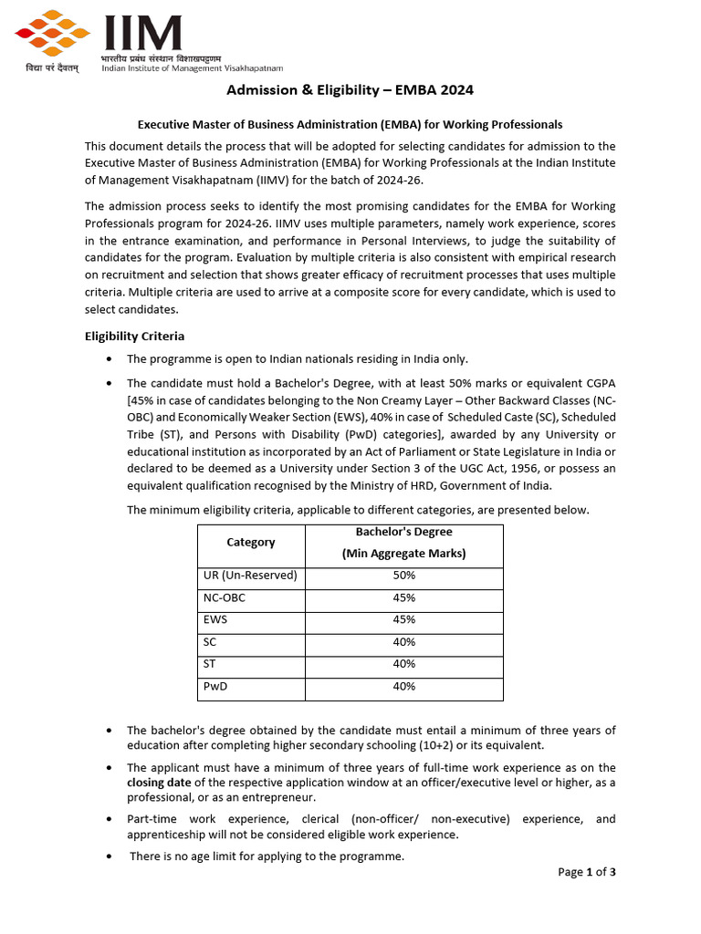 EMBA 2024 Admission Eligibility Process | PDF | Career & Growth | Business