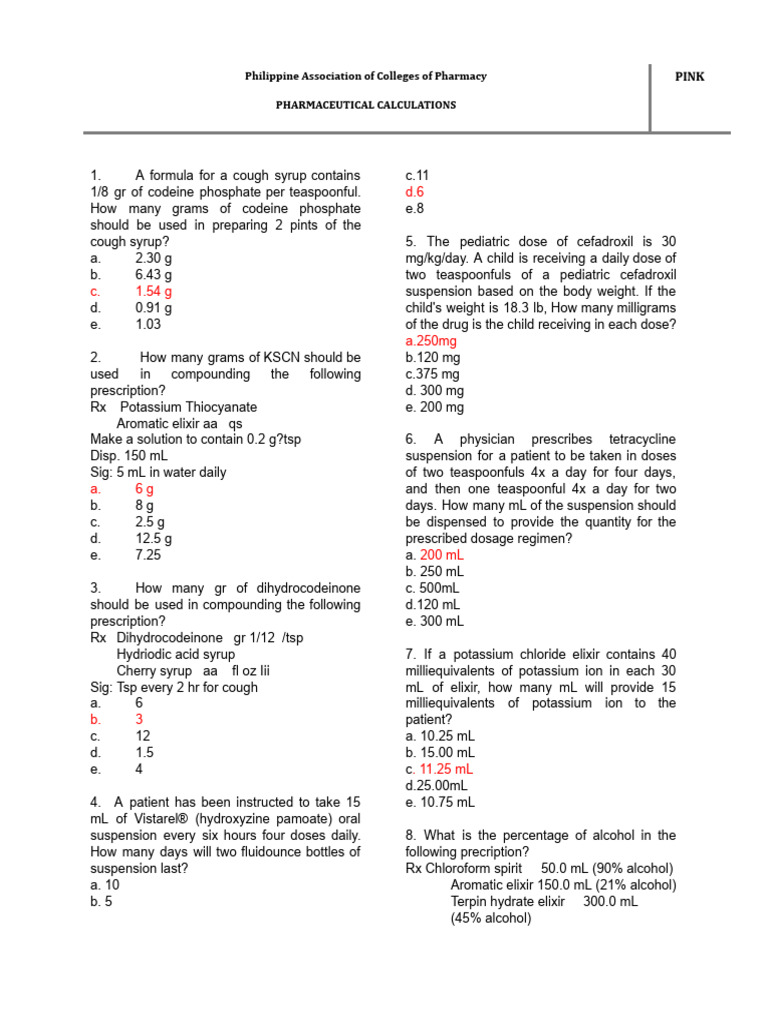 PINK PACOP PHARM CALCULATIONS Answer Key | PDF | Mass Concentration ...