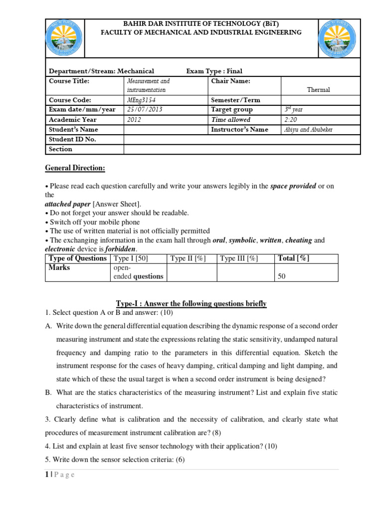 Final Exam: Measurement & Instrumentation | PDF | Damping | Measuring Instrument
