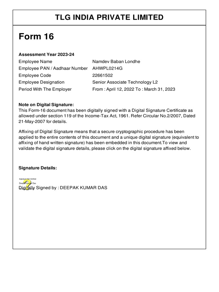Form 16: TLG India Private Limited | PDF | Tax Deduction | Employee ...
