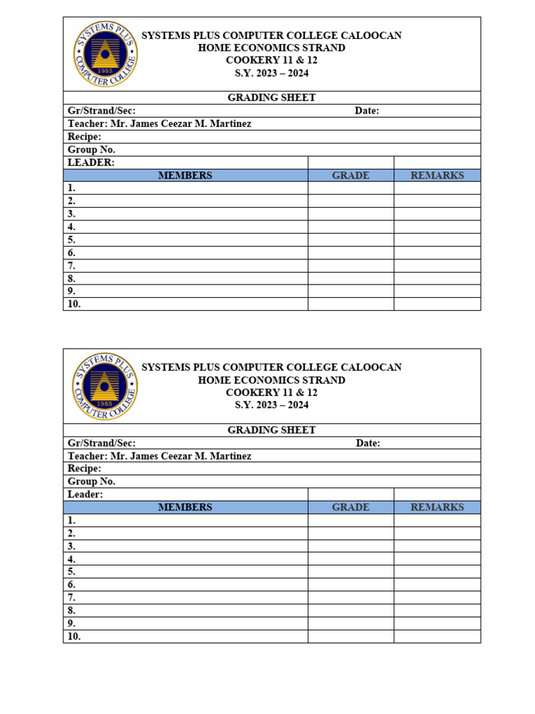 Cookery Laboratory Grading Sheet | PDF