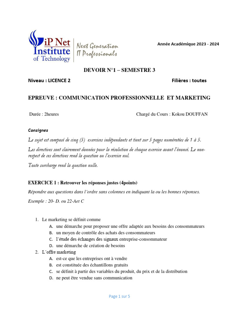 Devoir - Communication Profesionnelle Te Marketing - Licence Semestre3 | PDF