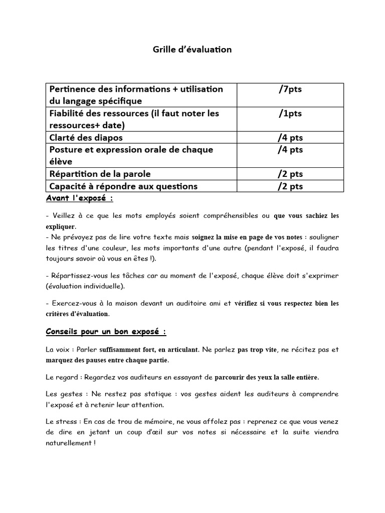 Grille D'évaluation - Exposé | PDF