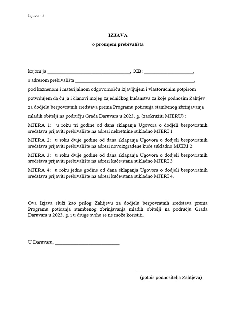 IZJAVA - 5, Izjava o Promjeni Prebivališta | PDF