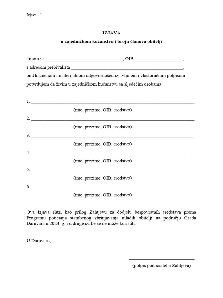IZJAVA - 1, Izjava o Zajedničkom Kućanstvu I Broju Članova Obitelji | PDF
