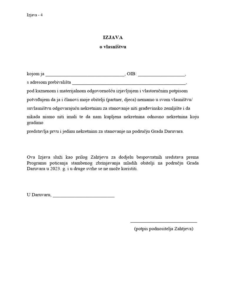 IZJAVA - 4, Izjava o Vlasništvu | PDF