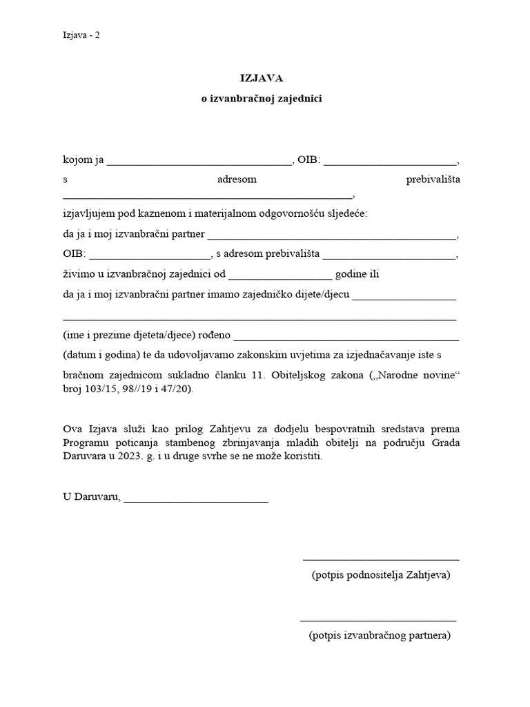 IZJAVA - 2, Izjava o Izvanbračnoj Zajednici | PDF