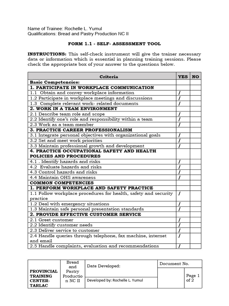 FORM 1.1 Self Asessment Checklist | Download Free PDF | Cakes | Risk