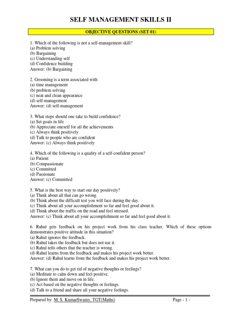 01 Self Management Skills II Important Questions Answers | PDF | Stress ...