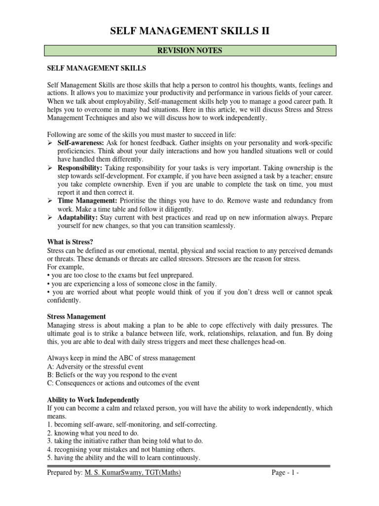 01 Self Management Skills II Revision Notes | PDF | Motivational ...