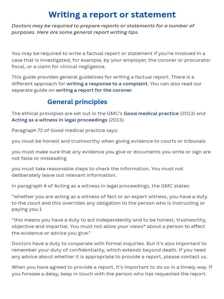 Guidelines for Writing Medical Reports | PDF | Witness | Medical Diagnosis