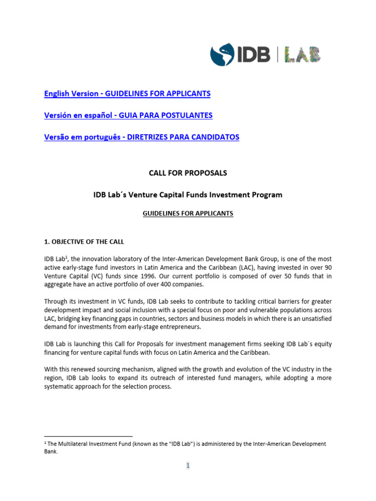 IDB LAB VC FoF Call For Proposals Guidelines - All Languages 2023 | PDF