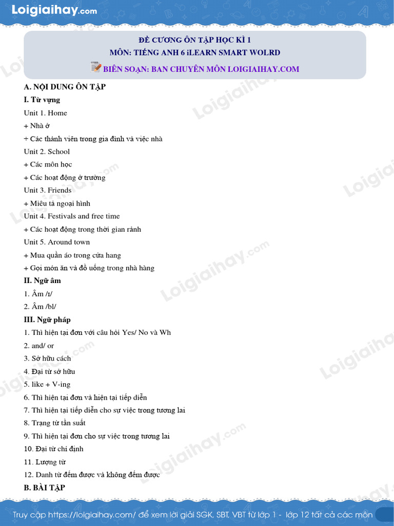 De Cuong On Tap hk1 Tieng Anh 6 Ilearn Smart World Co Dap An 1703131549 | PDF