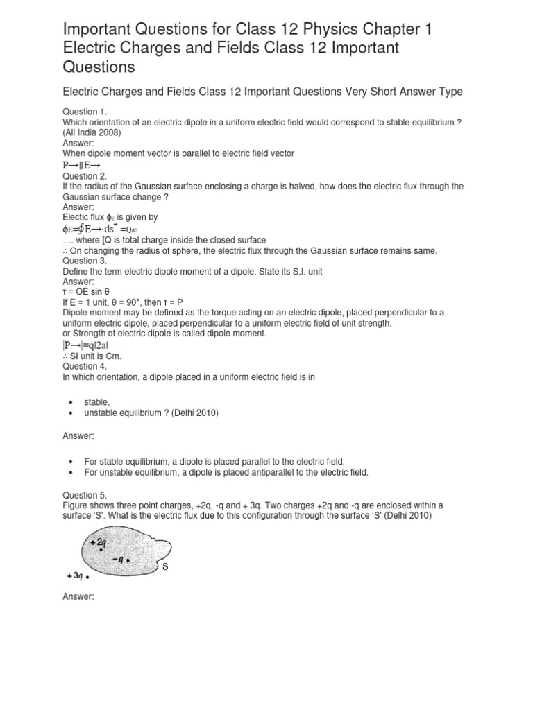 Important Questions For Class 12 Physics Chapter 1 Electric Charges and ...