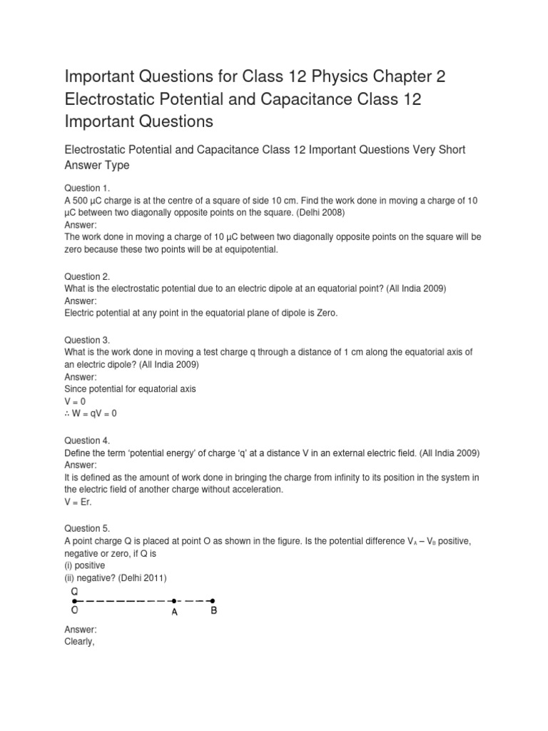Important Questions for Class 12 Physics Chapter 2 Electrostatic ... Important Questions for Class 12 Physics Chapter 2 Electrostatic ...