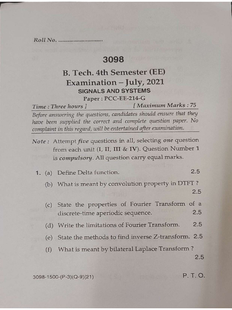 2021 B.tech. 4TH Semester (Ee) Signals and Systems | PDF