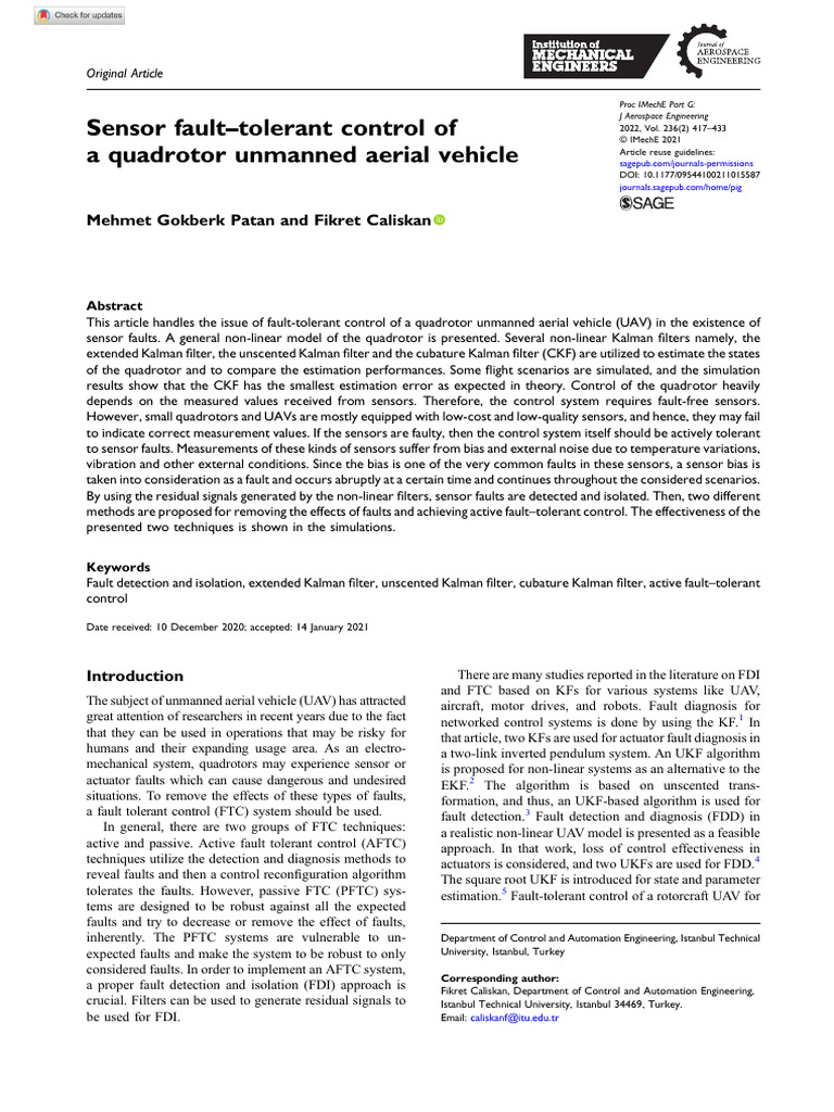 2022 Sensor Fault-Tolerant Control of A Quadrotor Unmanned Aerial Vehicle 417-433 | PDF | Kalman ...
