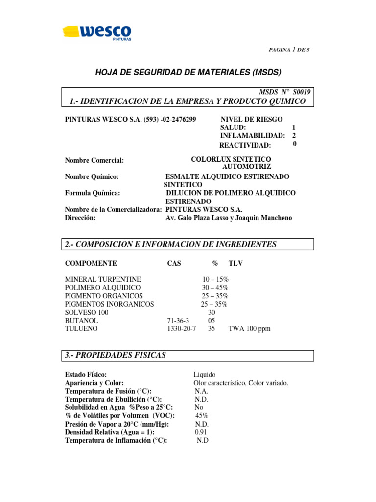 MSDS Pintura | PDF