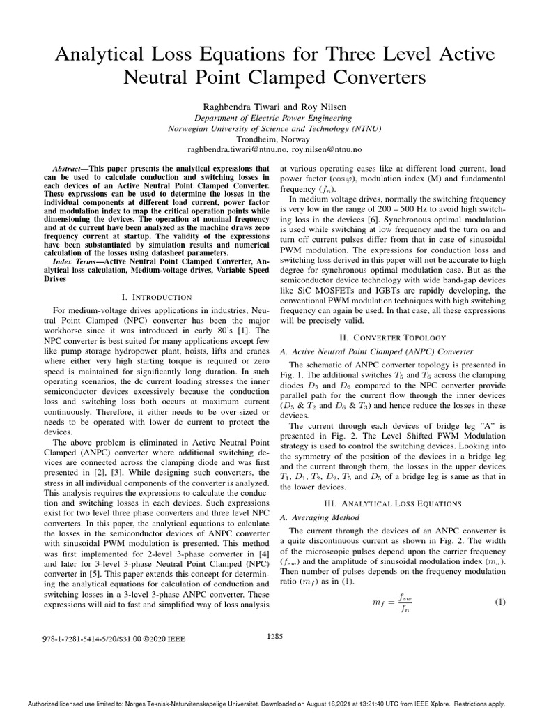 1 IECON-2020 Analytical Loss Equations For Three Level Active Neutral ...