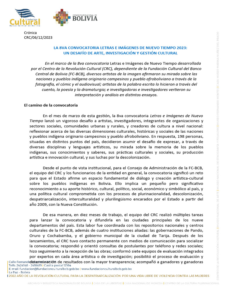 1-CRÓNICA 8VA CONVOCATORIA LETRAS E IMÁGENES DE NUEVO TIEMPO - Corr. MCME Con CC | PDF | Bolivia ...