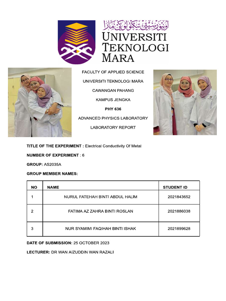 Lab 1 Exp 6 Electrical Conductivity Of Metal Pdf Electrical