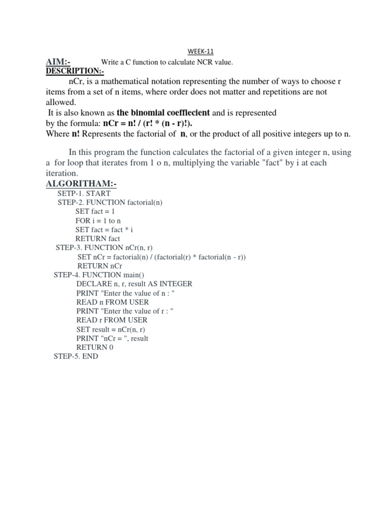 Calculate nCr Using C Function | PDF | Computers