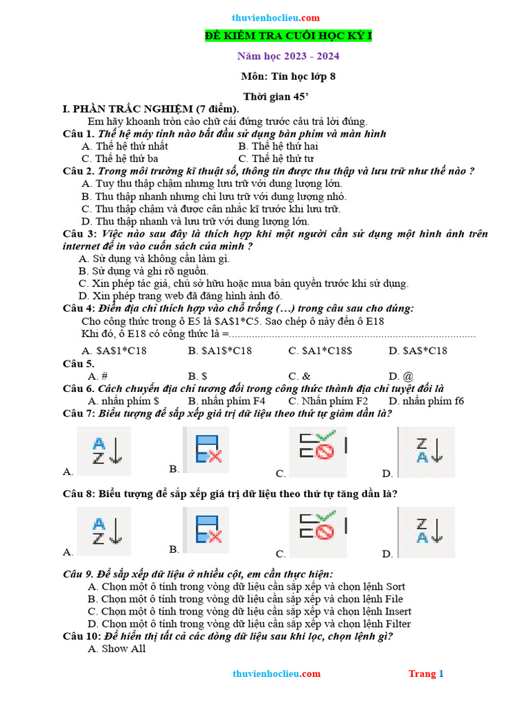De Thi HK1 Tin 8 Nam 23 24 | PDF