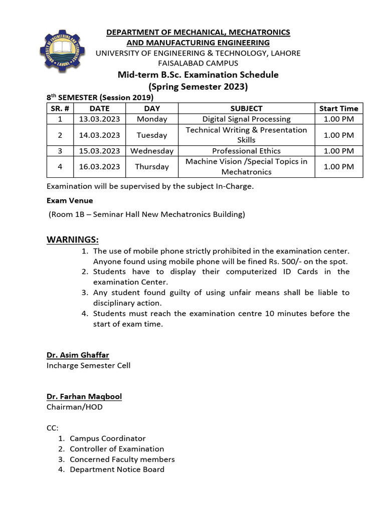 Mid Term Exam Date Sheet Spring 2023 | PDF | Academic Term | Mechatronics