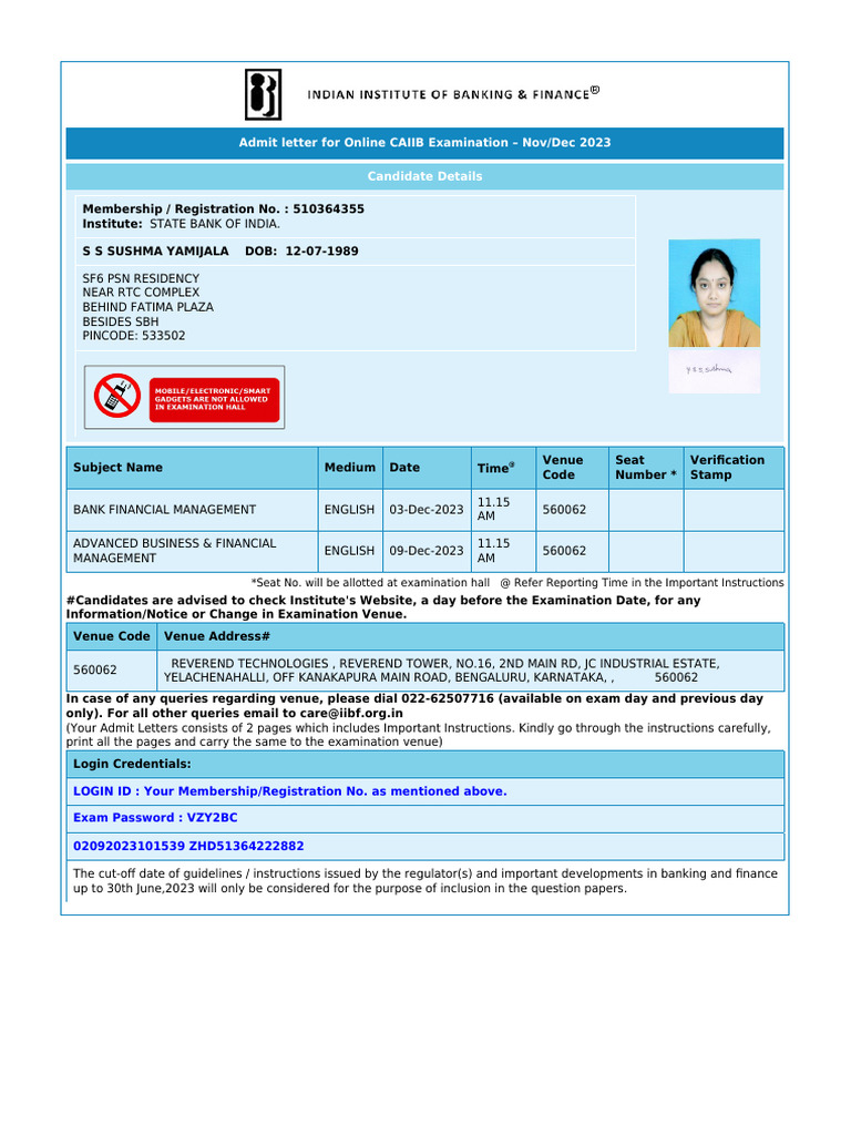 Iibf Admit Card 510364355 | PDF | Identity Document | Calculator