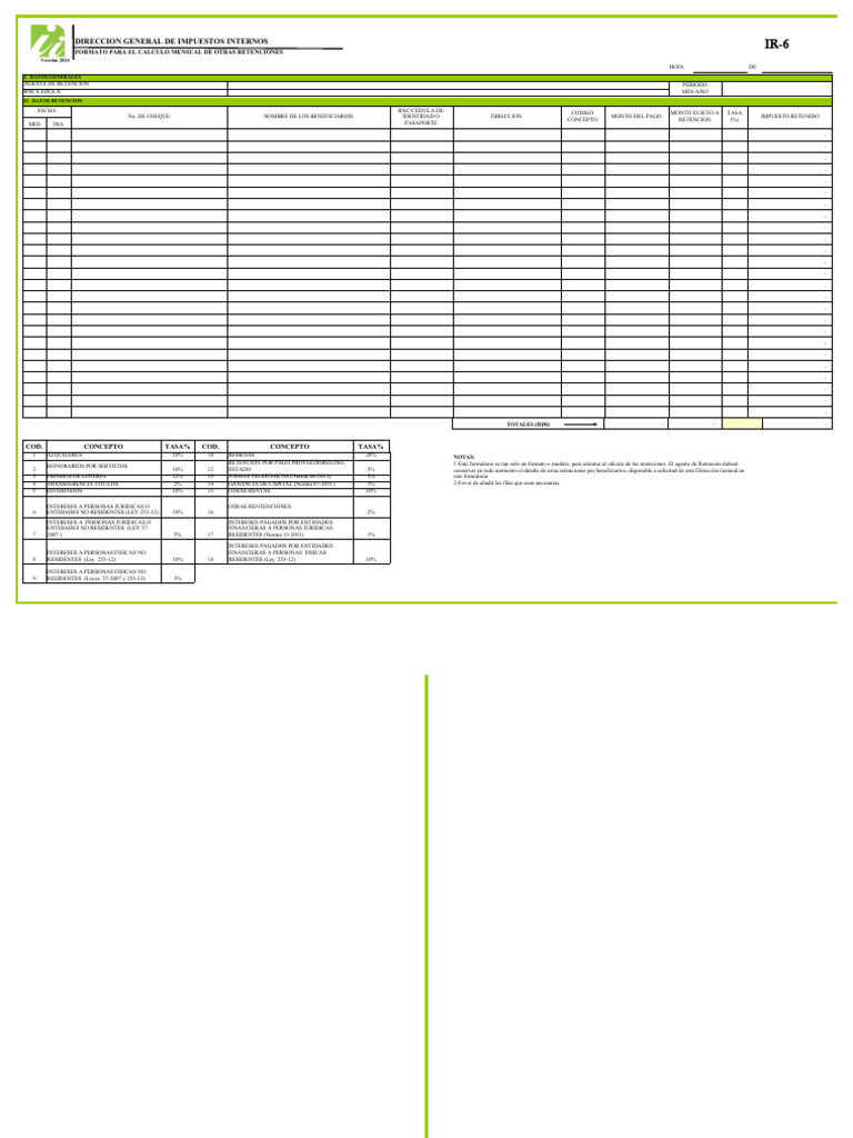 Direccion General de Impuestos Internos: Formato para El Calculo Mensual de Otras Retenciones ...