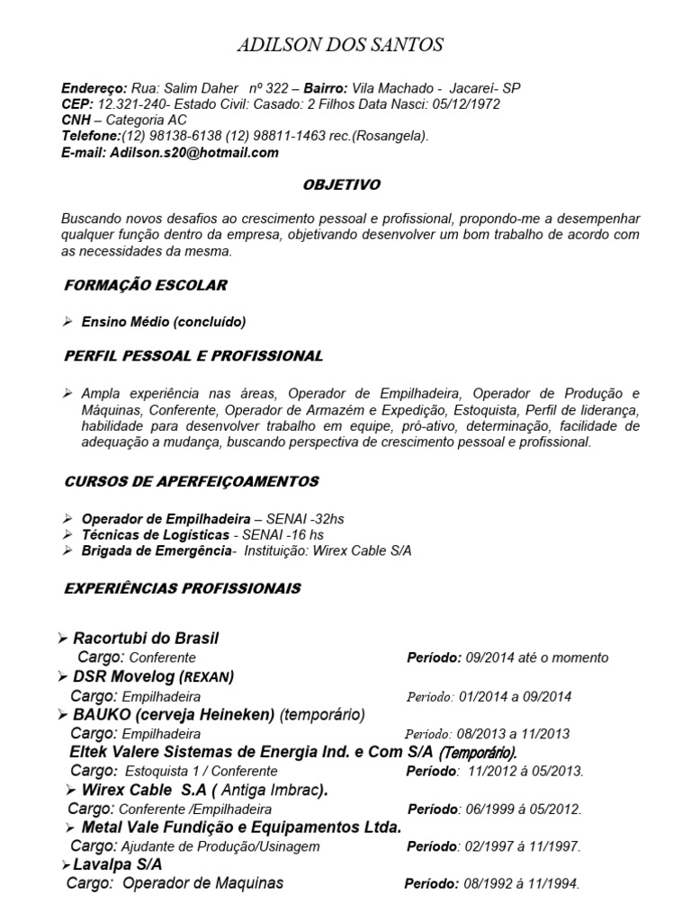 Curriculo Atualizado - Adilson | PDF | Empilhadeira