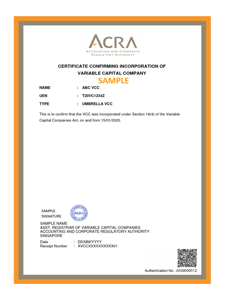 Sample - Incorporation Certificate (VCC) | PDF