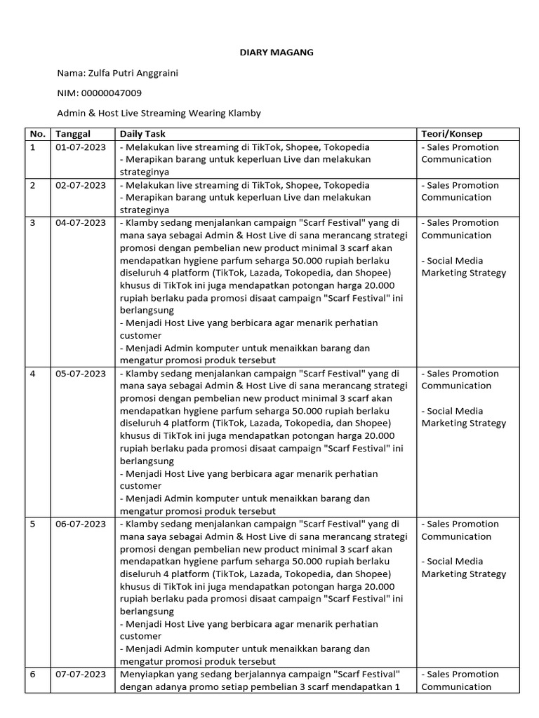 Zulfa Putri Anggraini - 00000047009 - Diary Magang - UTS | PDF