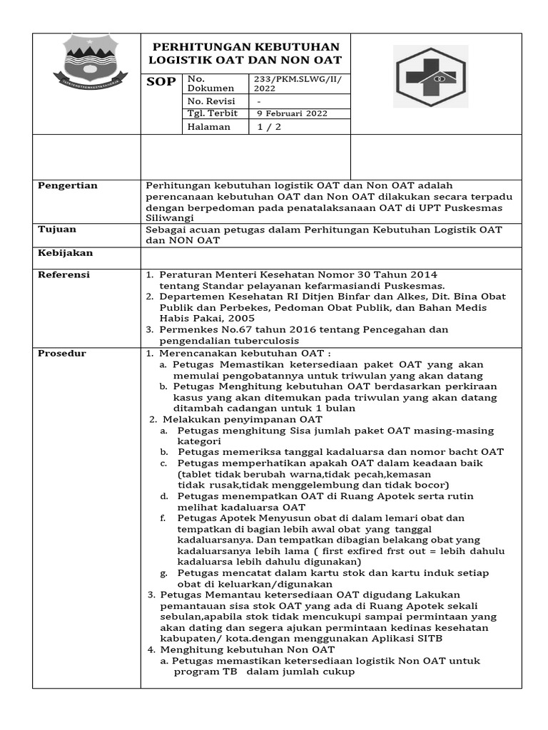 Sop Perhitungan Kebutuhan Logistik Oat Dan Non Oat | PDF