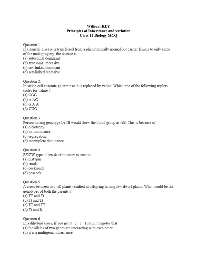 12-Principles of Inher & variation-MCQ | PDF | Dominance (Genetics ... 12-Principles of Inher & variation-MCQ | PDF | Dominance (Genetics ...