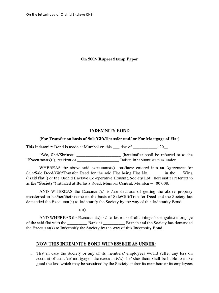 Executant Transfer Indemnity Bond | PDF