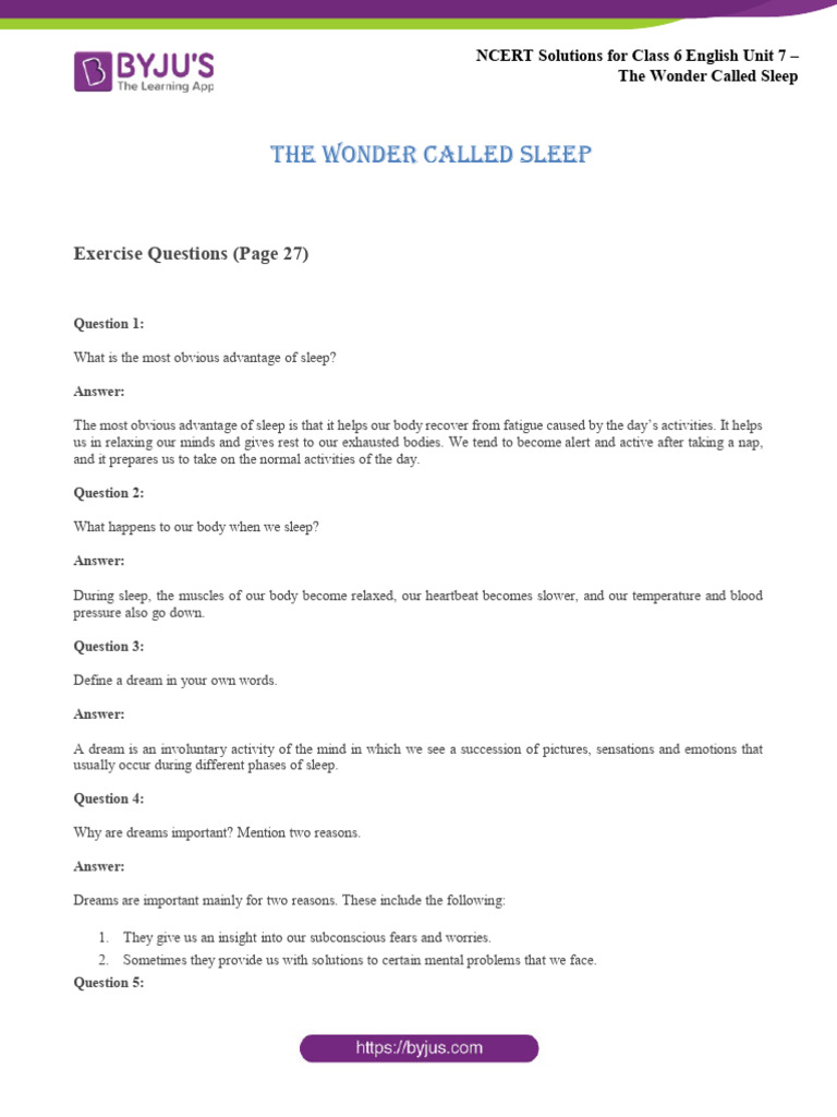 Ncert Solutions For Class 6 English 2may Unit 7 The Wonder Called Sleep
