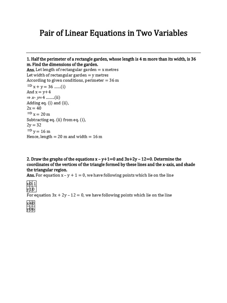 Pair of Linear Equation in Two Variable | PDF | Equations | Length