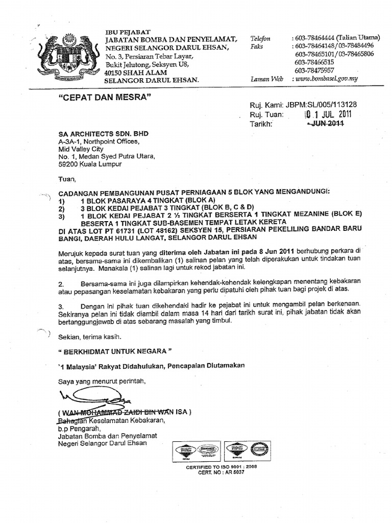 Surat Pengesahan Dari Bomba | PDF