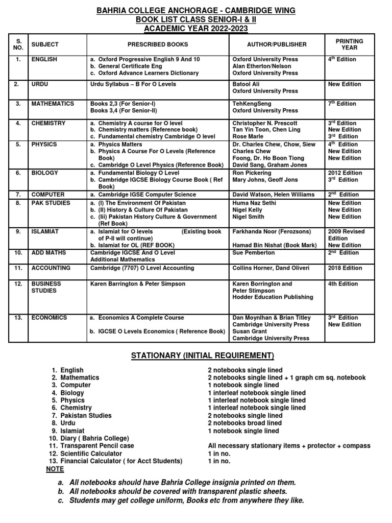 Bahria College Books List SR-I/II | PDF