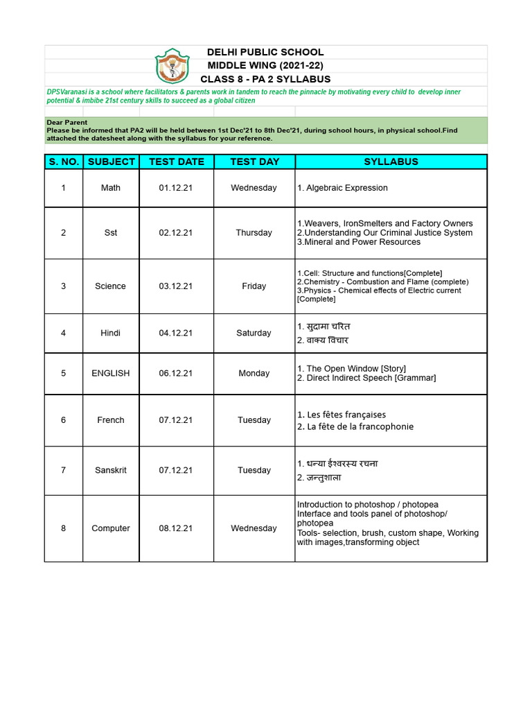 Combined Pa2 Syllabus - 21 - 22 - Class 8 | PDF