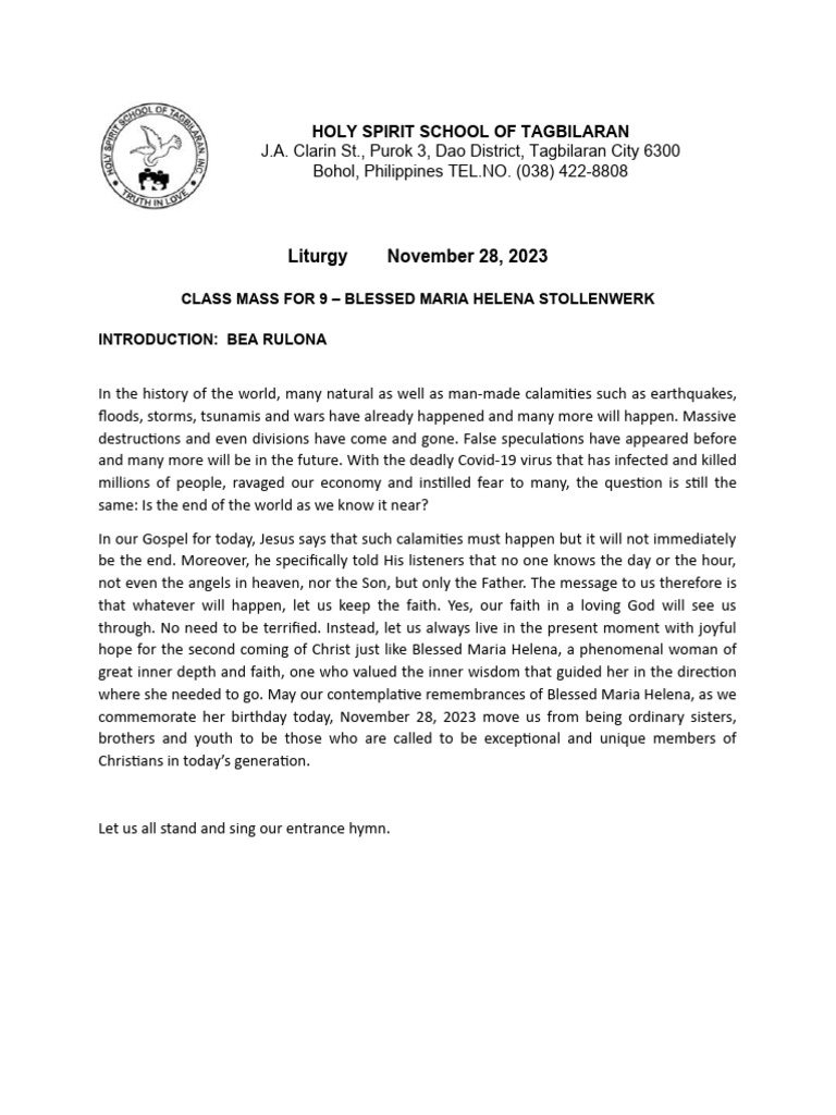 Class Mass for Blessed Maria Helena | PDF | Prayer | Jesus