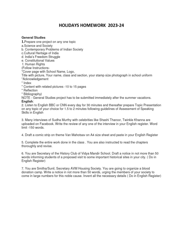 Holidays Homework 2023-24: General Studies | PDF | Database Index | Malaria