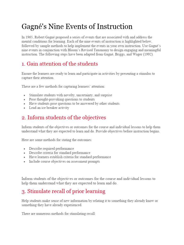 Gagné Nine Events of Instruction | Download Free PDF | Learning ...
