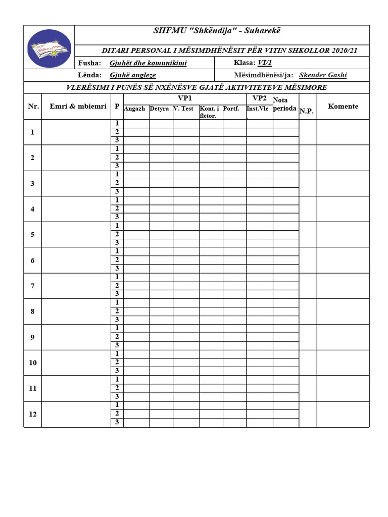 Ditari Personal Cikli I Lartë | PDF