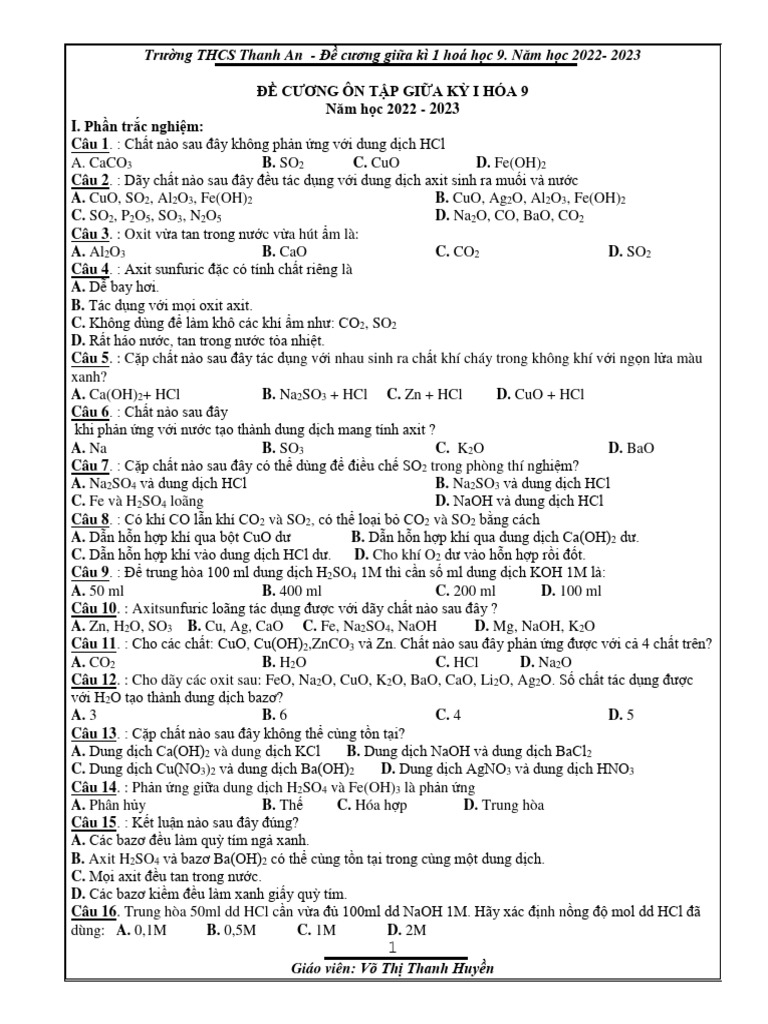 DE CUONG GIUA KI 1 HOA 9 c8682 | PDF