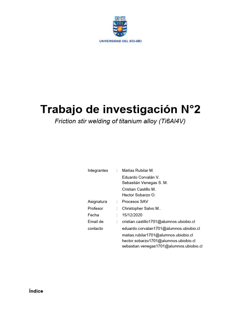 Trabajo N°2 Soldadura Por Fricción Ti6Al4V | PDF | Construcción | Soldadura