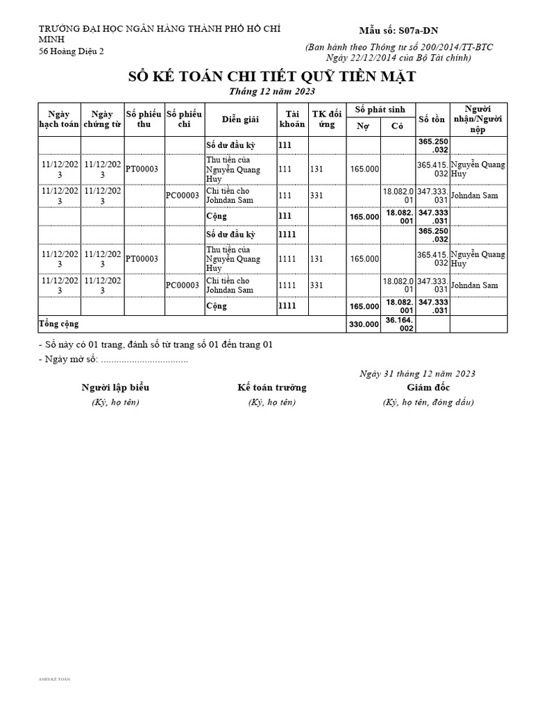 So Ke Toan Chi Tiet Quy Tien Mat | PDF