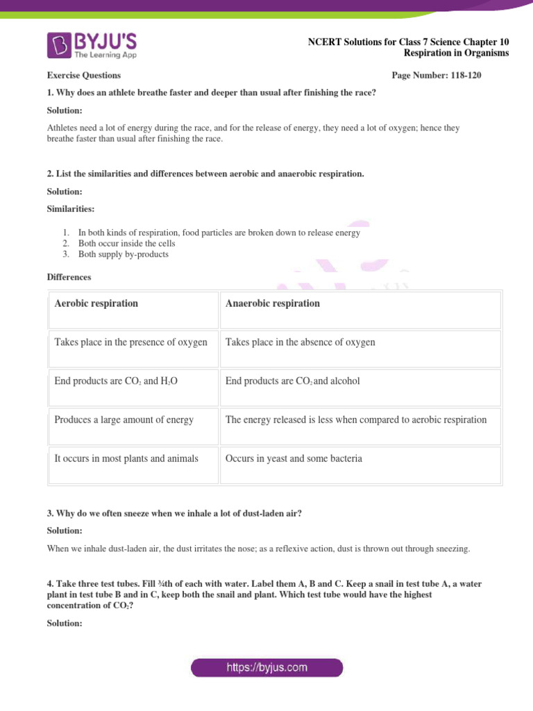 NCERT Solutions For Class 7 March 31 Science Chapter 10 Respiration in Organisms | PDF