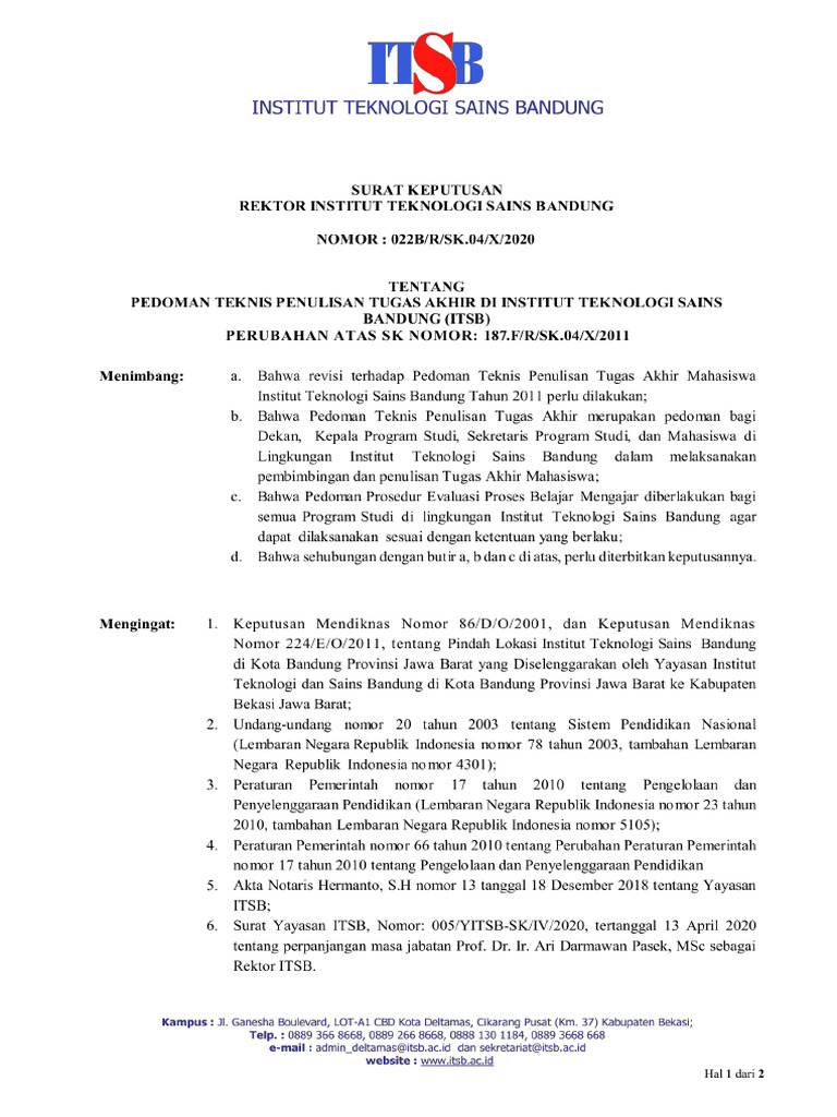 022B SK Rektor Pedoman Teknis Penulisan Tugas Akhir ITSB 2020 1 | PDF
